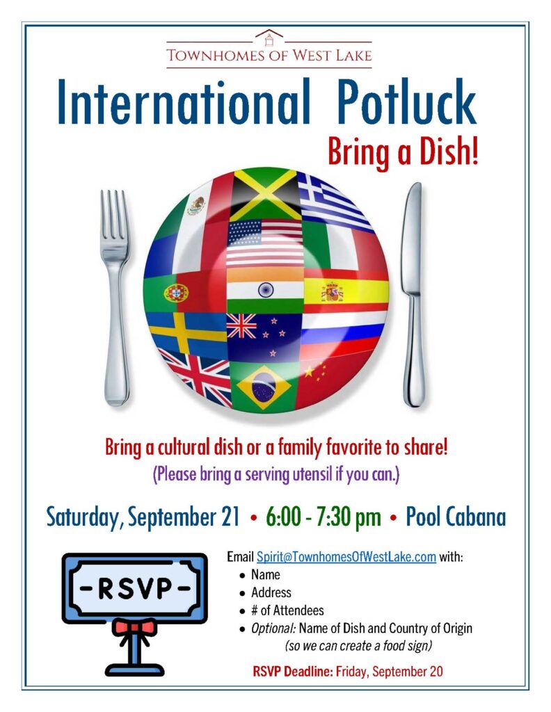 International Potluck 2024 Flyer | Townhomes of West Lake